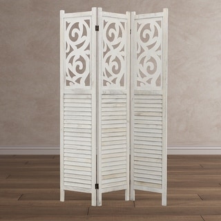 67 Inch Paulownia Wood Panel Divider Screen, Ornate Scrolled Shutter ...