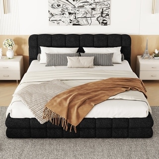 Queen Size Low Grounded Bed with Headboard, Upholstered Platform Bed ...