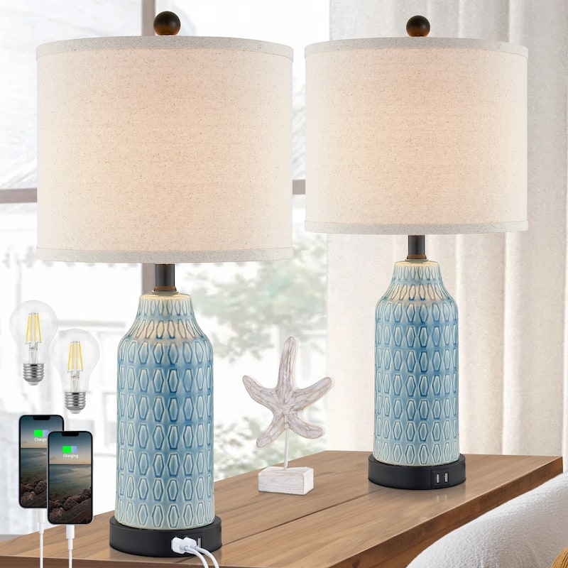 Cinkeda Table Lamp Ceramic Blue 3-Way Dimming USB Ports(Set of 2) - 11 ...