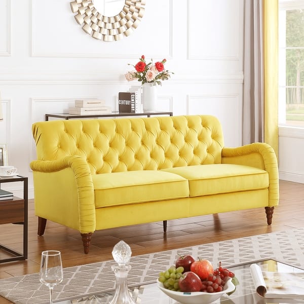 Yellow Tufted Velvet Sofa with Removable Seat Cushions for Living Room ...