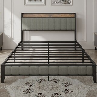 Queen Platform Panel Bed Metal Slat Support Frame with Dark Gray ...
