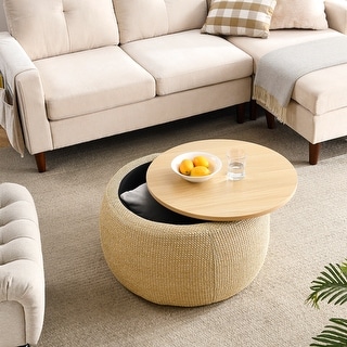 Natural 2 in 1 Linen Round Storage Bench, End Table and Ottoman - Bed ...