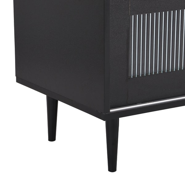 Black TV Cabinet w/ Sliding Fluted Glass Doors & Front Slanted Drawers ...