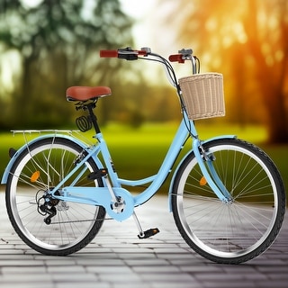 24"/26"Light Blue Beach Cruiser Bike 7 Speed Commute Bike for with ...