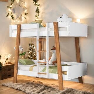 Wood Twin Size Bunk Bed with Built-in Ladder and 4 Wood Columns, White ...