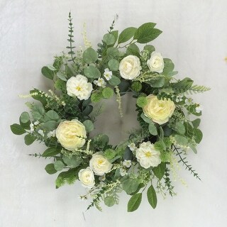Green Leaves With Cream Color Flowers Wreath - Bed Bath & Beyond - 40397710