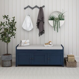 Blue Storage Bench with 3 Louver Shaped with Cushion and Hidden Storage ...