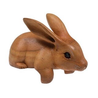 Wood sculpture, 'Adorable Rabbit in Brown' - 14 cm H x 13 cm W x 7 cm D ...