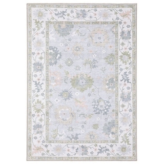 Addison Floral Traditional Blue/ Green Printed Washable Flat Pile Rug ...