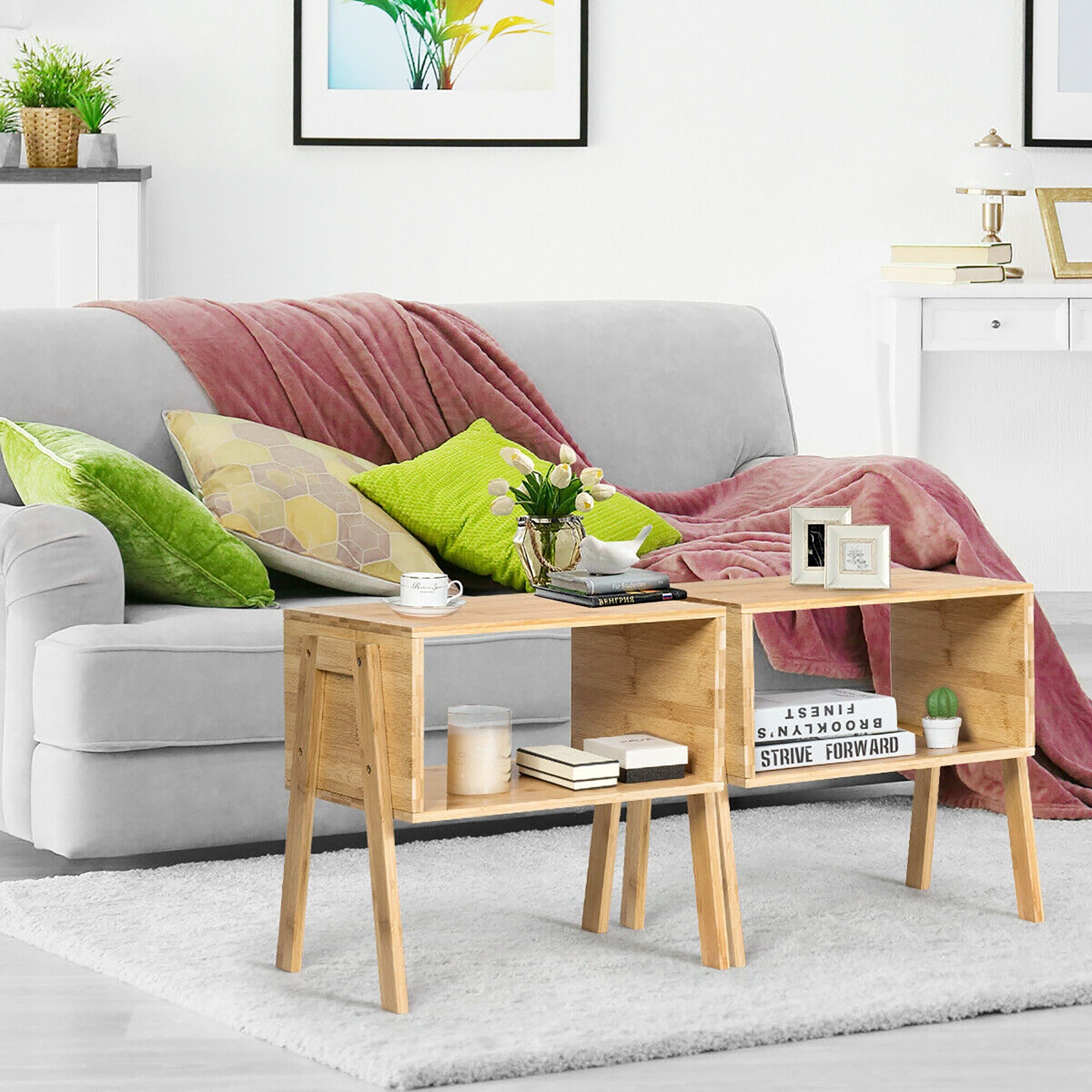 Costway Set of 2 Bamboo Nightstand Stackable Sofa Table Bedside Table