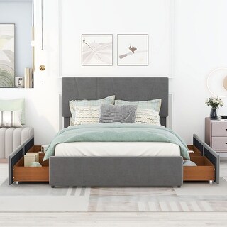 Grey Full Size Upholstery Platform Bed with Four Drawers - Bed Bath ...