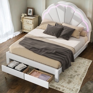Full Size Upholstered Platform Bed with Seashell Shaped Headboard, LED ...
