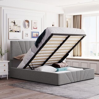 Linen Upholstered Platform Bed with Hydraulic Storage, Extra Storage ...