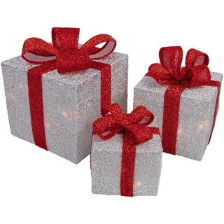 3 Silver Tinsel Lighted Gift Boxes Red Bows Christmas Decorations - Bed ...