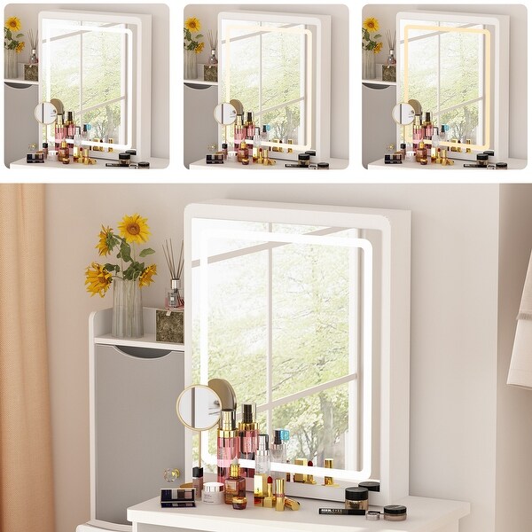Makeup Vanity Set with Sliding Lighted Mirror Stool Hidden Shelves 33 L x 15.7 W x 52.4 H On Sale Bed Bath Beyond 34605564