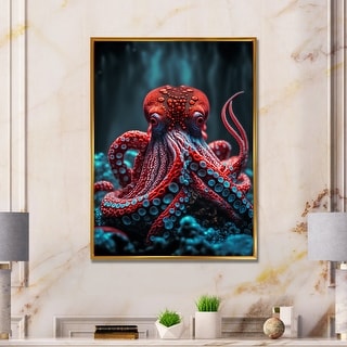 Designart "Red Octopus On The Ocean Floor IV" Animal Octopus Framed ...