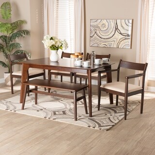 Coretta Mid-Century Modern Cream Fabric and Dark Brown Finished Wood ...