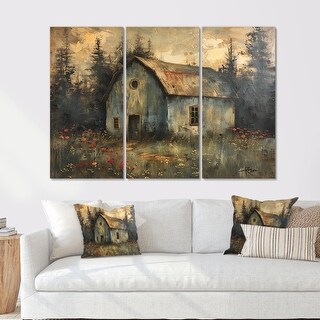 Designart "Grey red winter Country Cottage barn" Barn Metal Set Of 3 ...