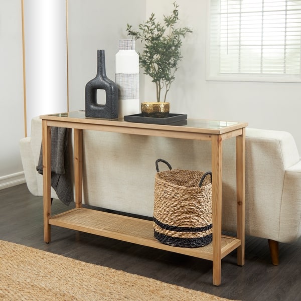 Brown Wood Slim Natural 1 Shelf Console Table with Glass Top and Rattan ...