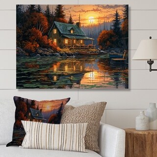 Designart "Autumn Sunset Cottage I" Cottage Landscape Canvas Wall Art ...