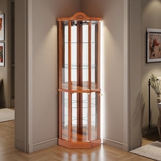 71.93" Lighted Glass Display Cabinet with Carved Decoration, Adjustable ...