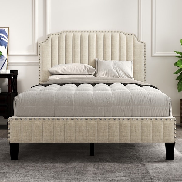 Modern Full Cream Solid Wood Frame Upholstered Platform Bed with ...