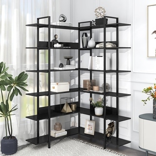 Black 6-tier Adjustable Bookshelf L-shape Stainless Steel Frame Corner ...