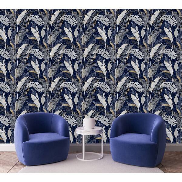 Dark Blue Wallpaper with Palm Leaves Peel and Stick and Prepasted - Bed ...