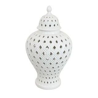 Deni 18 Inch Temple Jar, Pierced, Carved Lattice Design, Lid, White ...