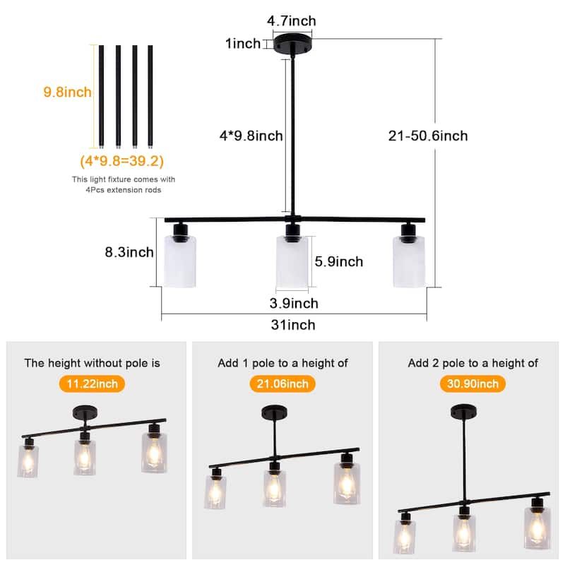 3-Light Adjustable Pendant Light Fixtures with Clear Glass Shade - On ...