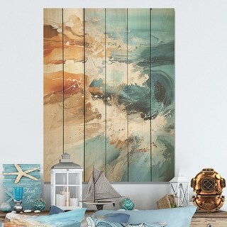 DESIGN ART "Teal Waves Fight" Coastal Beach Wood Wall Decor - Nautical ...
