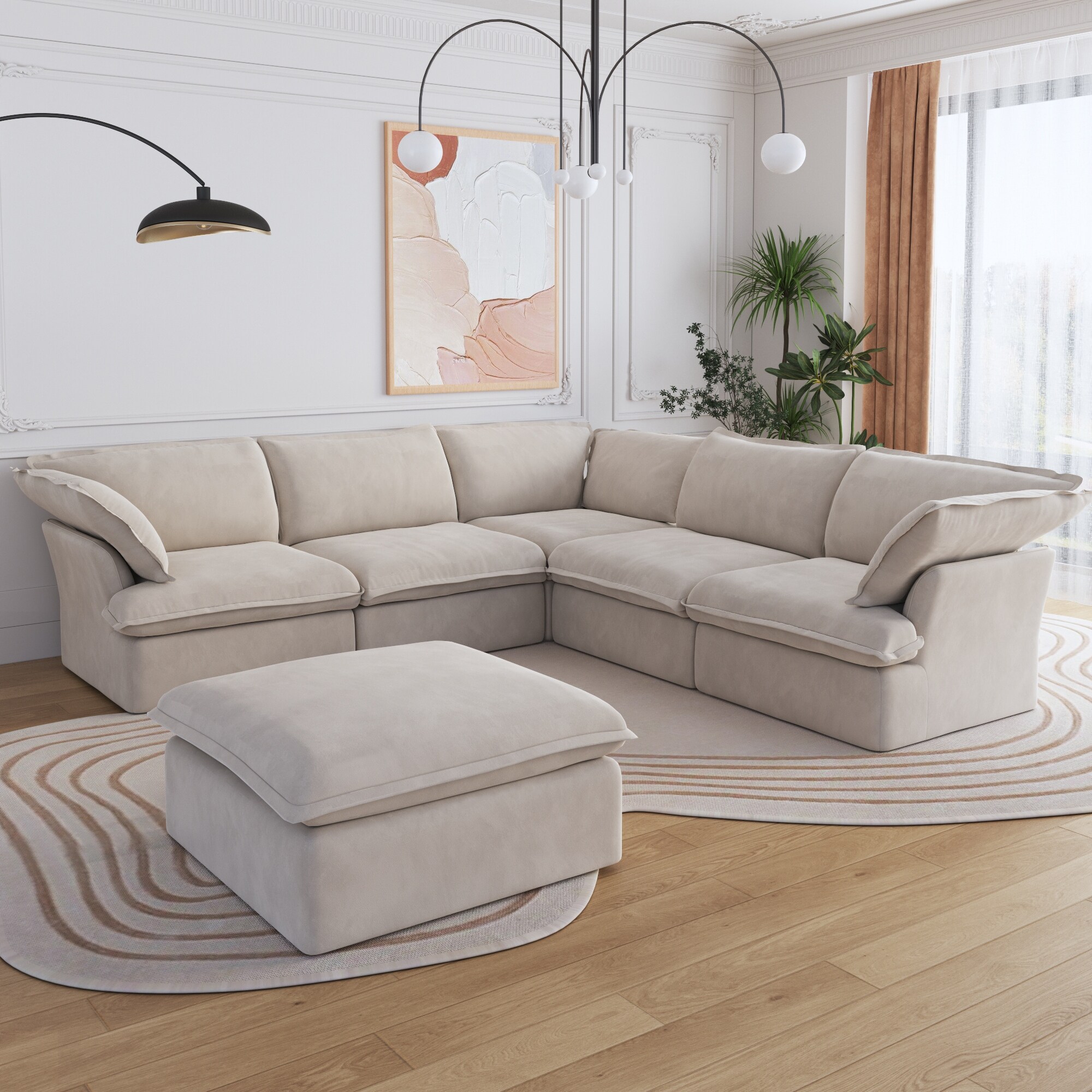 Modern Linen Upholstered Corner Sectional Sofa L shaped Modular 5 Piece Couch with Ottoman