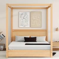 Queen Size Wooden Bed with Sturdy Frame, Canopy Bed with Square ...