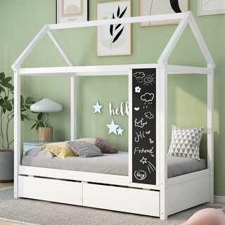 Twin SizeWood Platform House Bed with Drawers and Blackboard, White ...