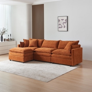 Orange L-Shaped Sectional Sofa with Ottoman, Chenille Upholstery - Bed ...