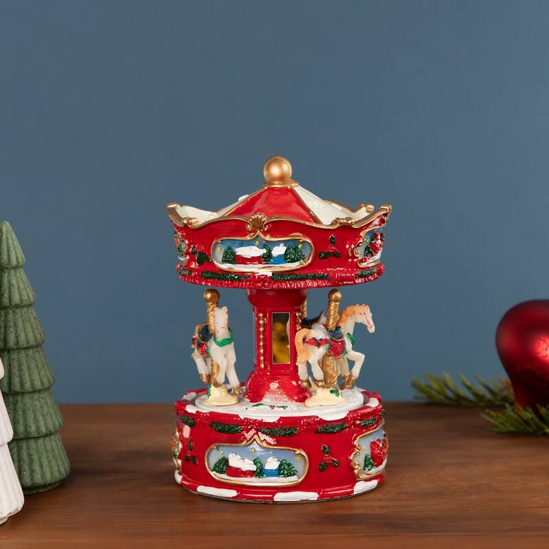 Winter Horses Animated Musical Christmas Carousel 6.5" Red and White ...