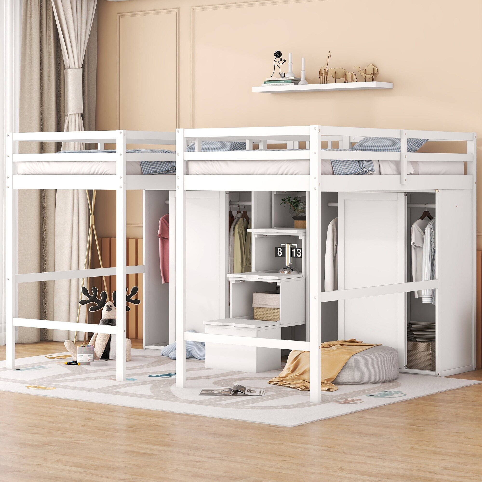 Double Loft Bed Twin Size with 2 Wardrobes and Storage Stairs Wooden High Loftbed Frame for 2 for Kids Teens Adults Bedroom