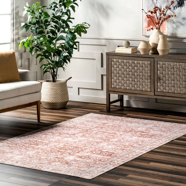 Julian Machine Washable Raspberry and Ivory Area Rug - Bed Bath ...