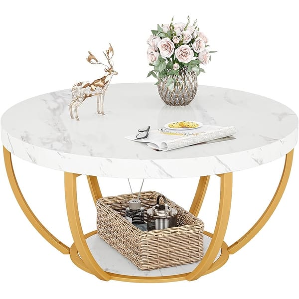 Round Coffee Table, Modern 2-Tier Center Table - Wood - Bed Bath ...