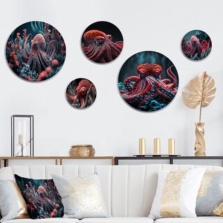Designart "Red Octopus On The Ocean Floor I" Animal Octopus Metal Round ...