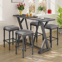 5-Piece Dining Set, Wood Console Table with Trestle Legs and 4 Stools ...