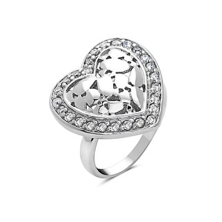 Sterling Silver Big Heart Ring with Oval Pattern Edged with CZ - Bed ...