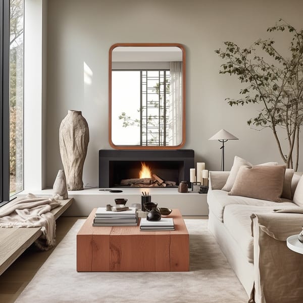 Solid Wood Frame Round Corner Rectangle Farmhouse Wall Mirror - Bed ...