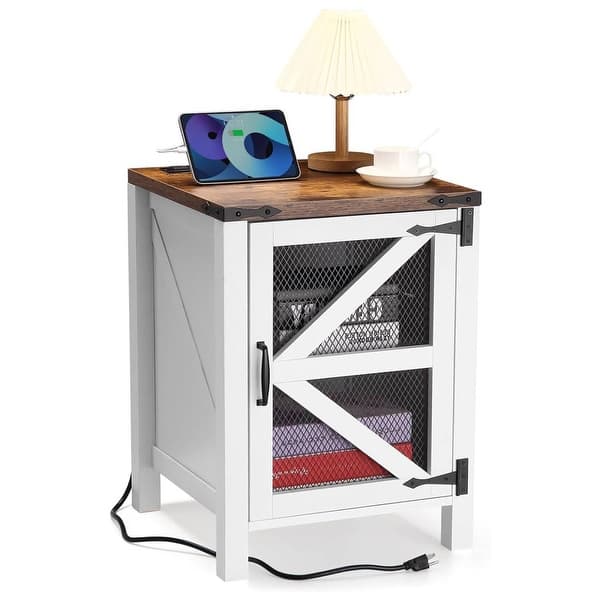 Rustic End Table with Charging Station and Barn Door Storage - Bed Bath ...