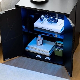 LED Black Bedside Table End Table with Shelves and Magnetic Door Latch ...