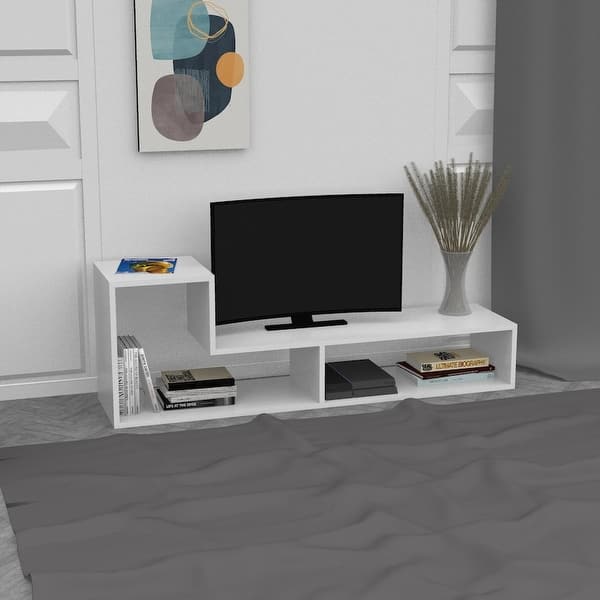 PHD Minimalist White TV Stand 3 Open Storage Compartment Medium Size ...