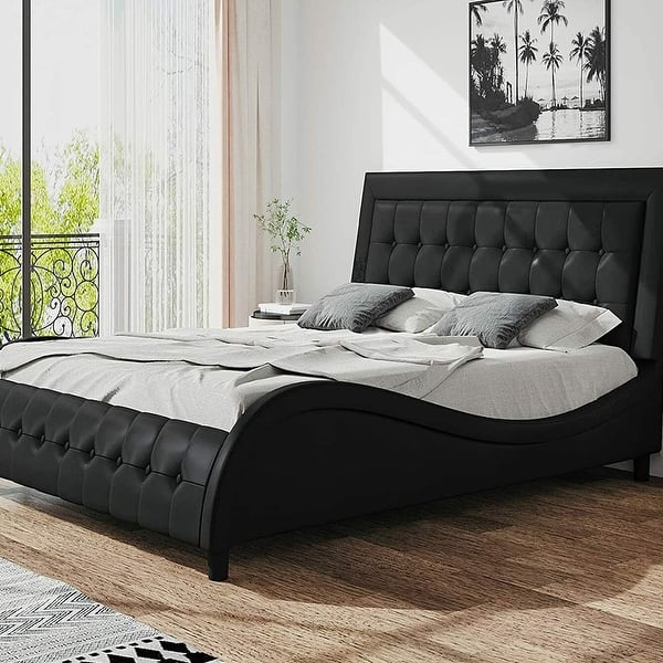 King Size Wave-Like Deluxe Bed Frame with Adjustable Headboard, Black ...