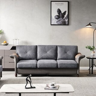 Faux Leather 3 Seater Sofa Linen Upholstered Sofa Removable Back Couch ...
