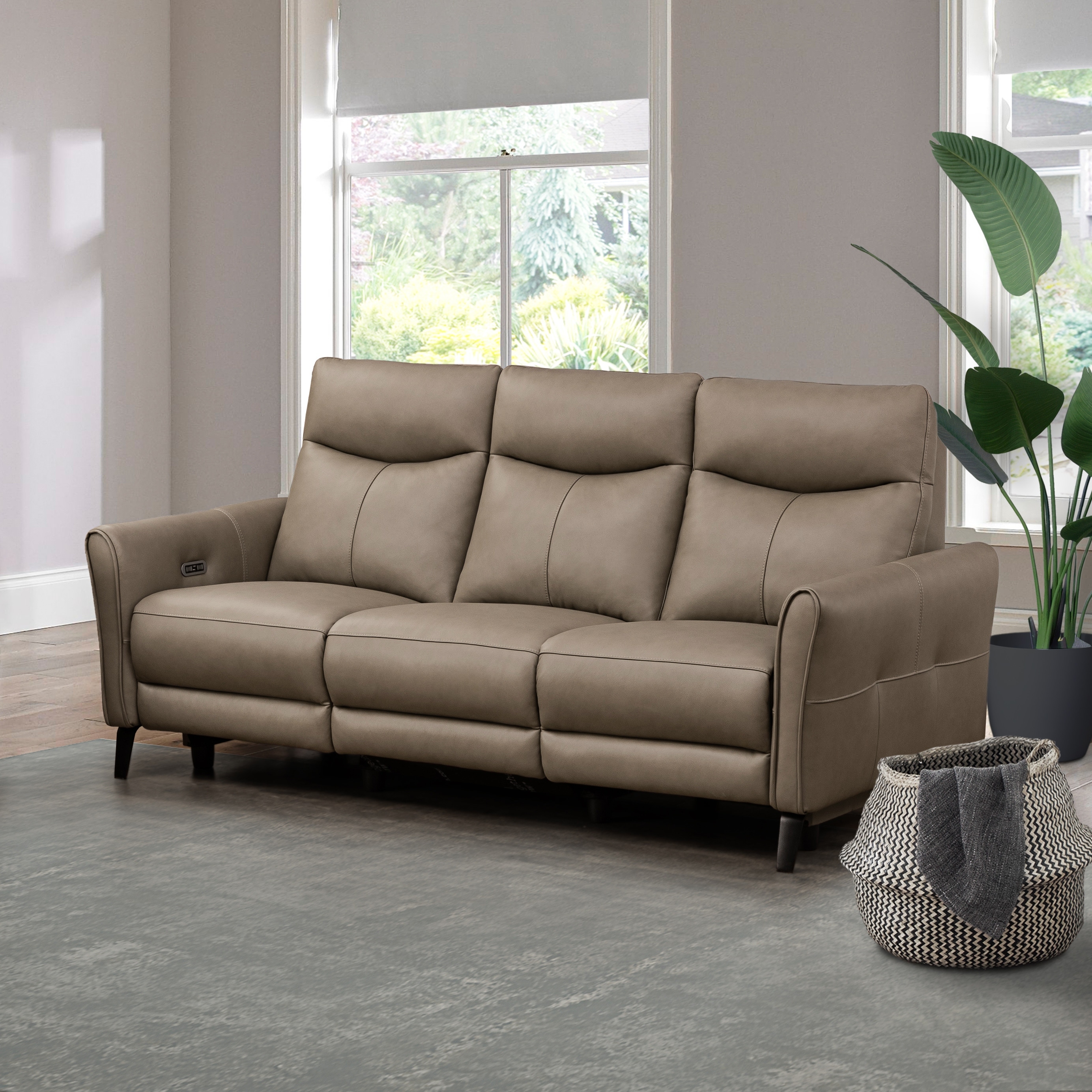 Abbyson Marley Beige Leather Power Reclining Sofa with Power Headrests