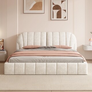 Queen Beige Upholstered Platform Frame Bed Floor Bed with Thick Fabric ...
